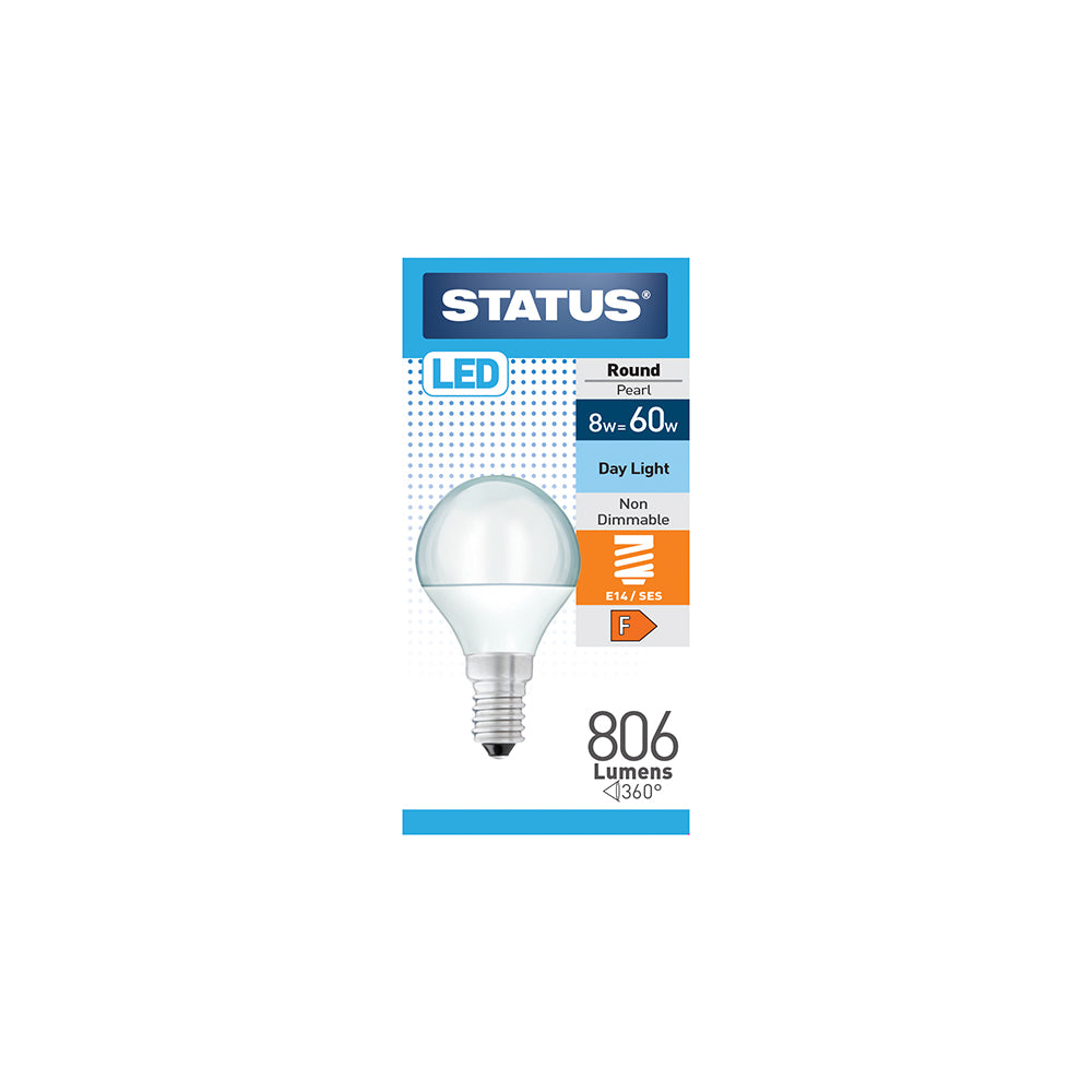 Status 8W=60W LED Round Pearl Daylight SES/E14 Small Screw (8SLRDE14P1